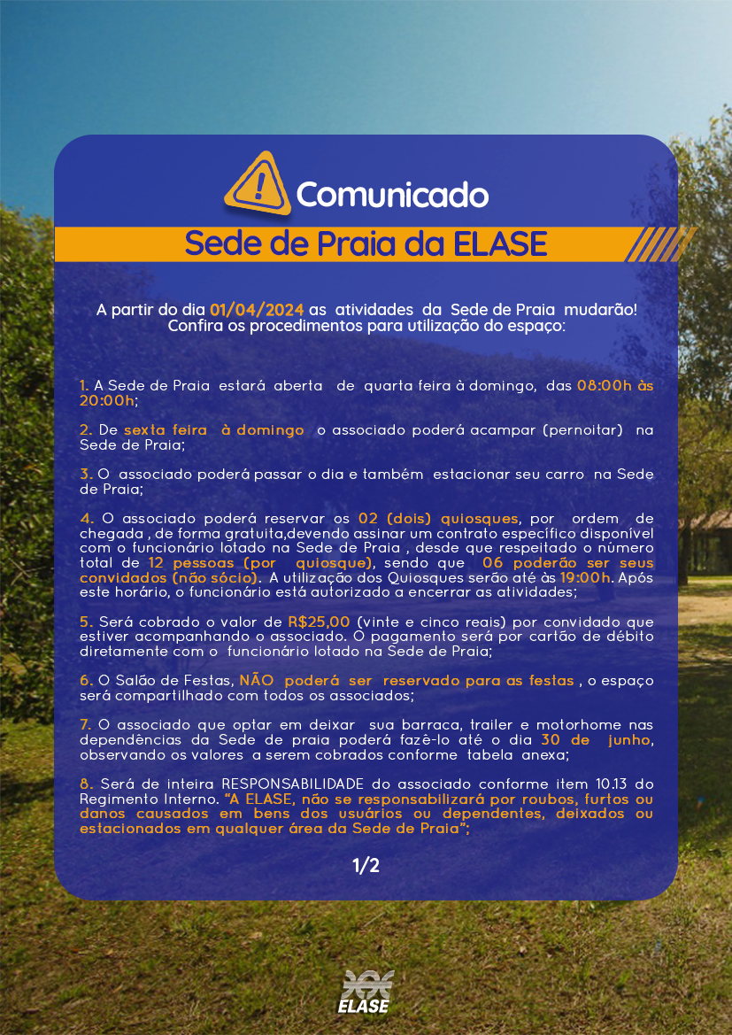 Novas regras para utilização da Sede da Praia da Elase. - Elase